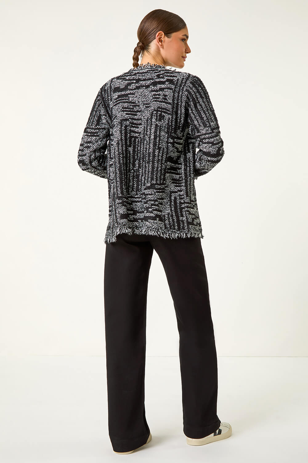 Charcoal Textured Fringe Collar Detail Cardigan | Roman UK