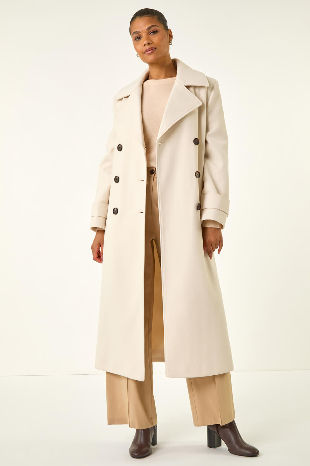 Cream Textured Premium Belted Smart Coat | Roman UK