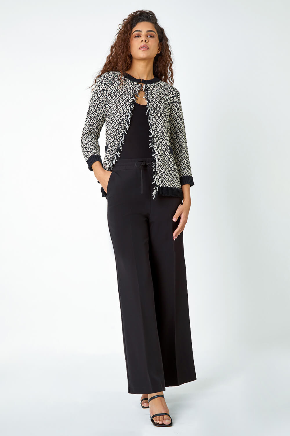 Black Frayed Edge Patch Pocket Knit Cardigan | Roman UK