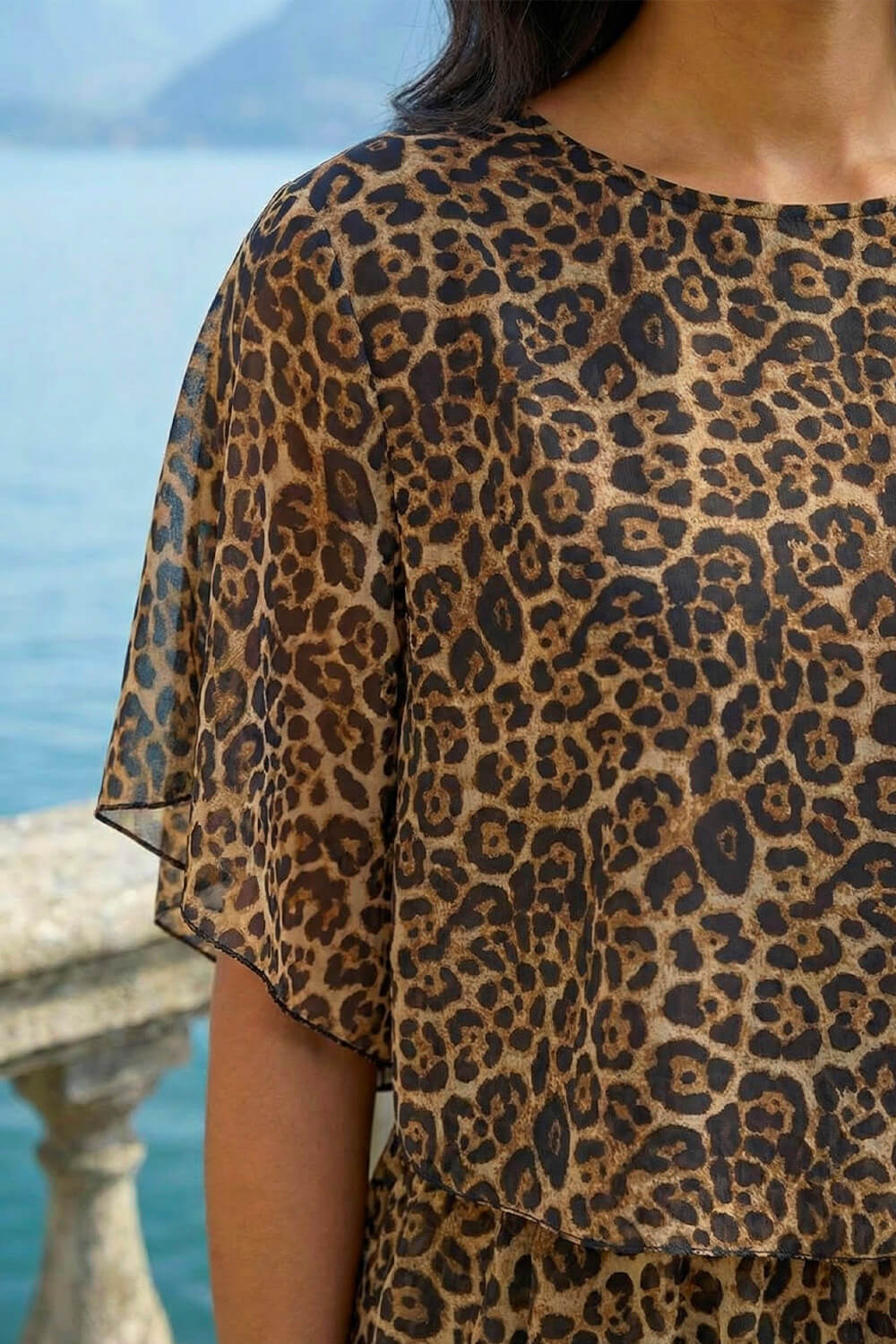 Tan Animal Print Mesh Overlay Top | Roman UK