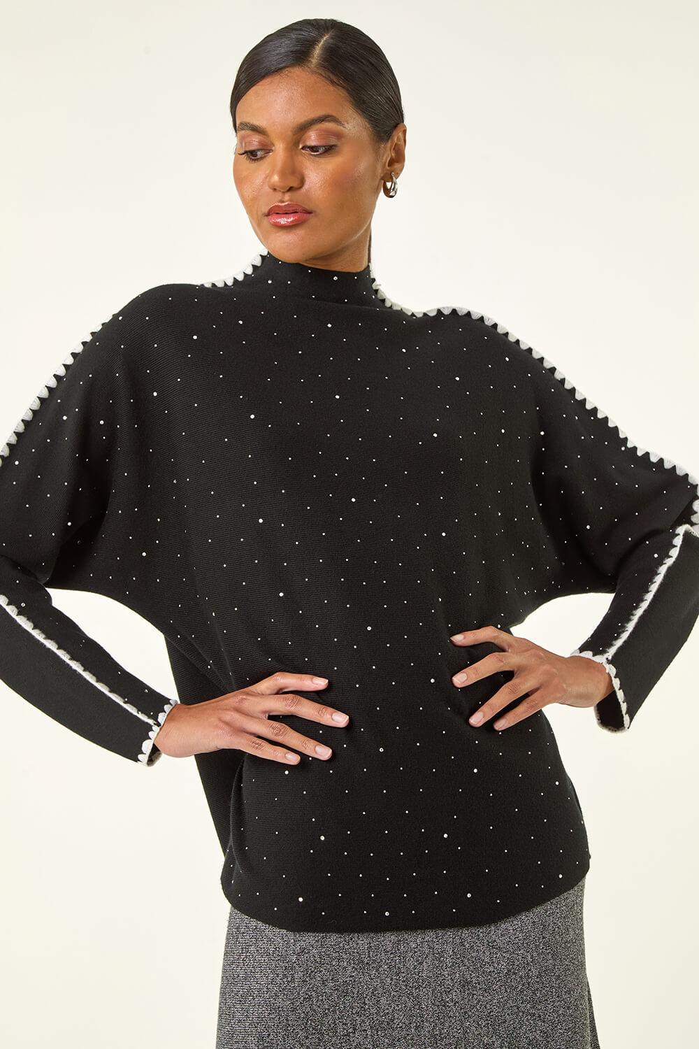 Black Sparkly Blanket Stitch Knit Jumper | Roman UK