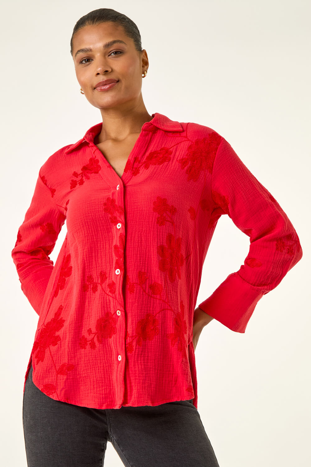 Red Floral Embroidered Collared Shirt | Roman UK