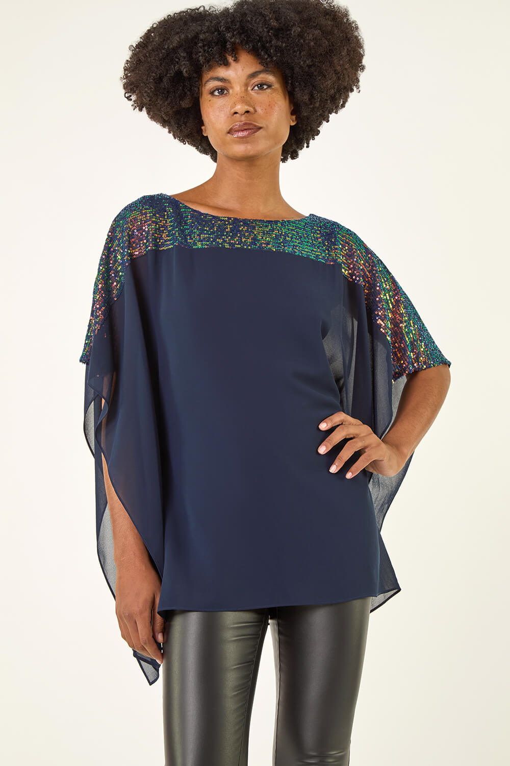 Navy Sequin Yoke Contrast Chiffon Top | Roman UK