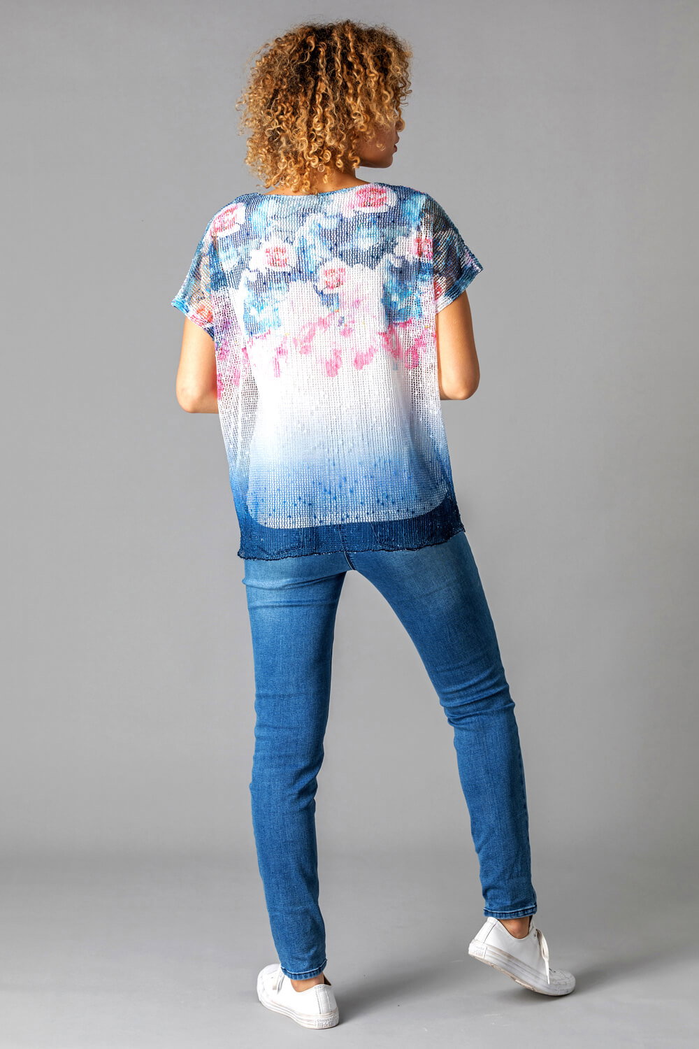Mesh Overlay Floral Ombre T-Shirt in Blue - Roman Originals UK