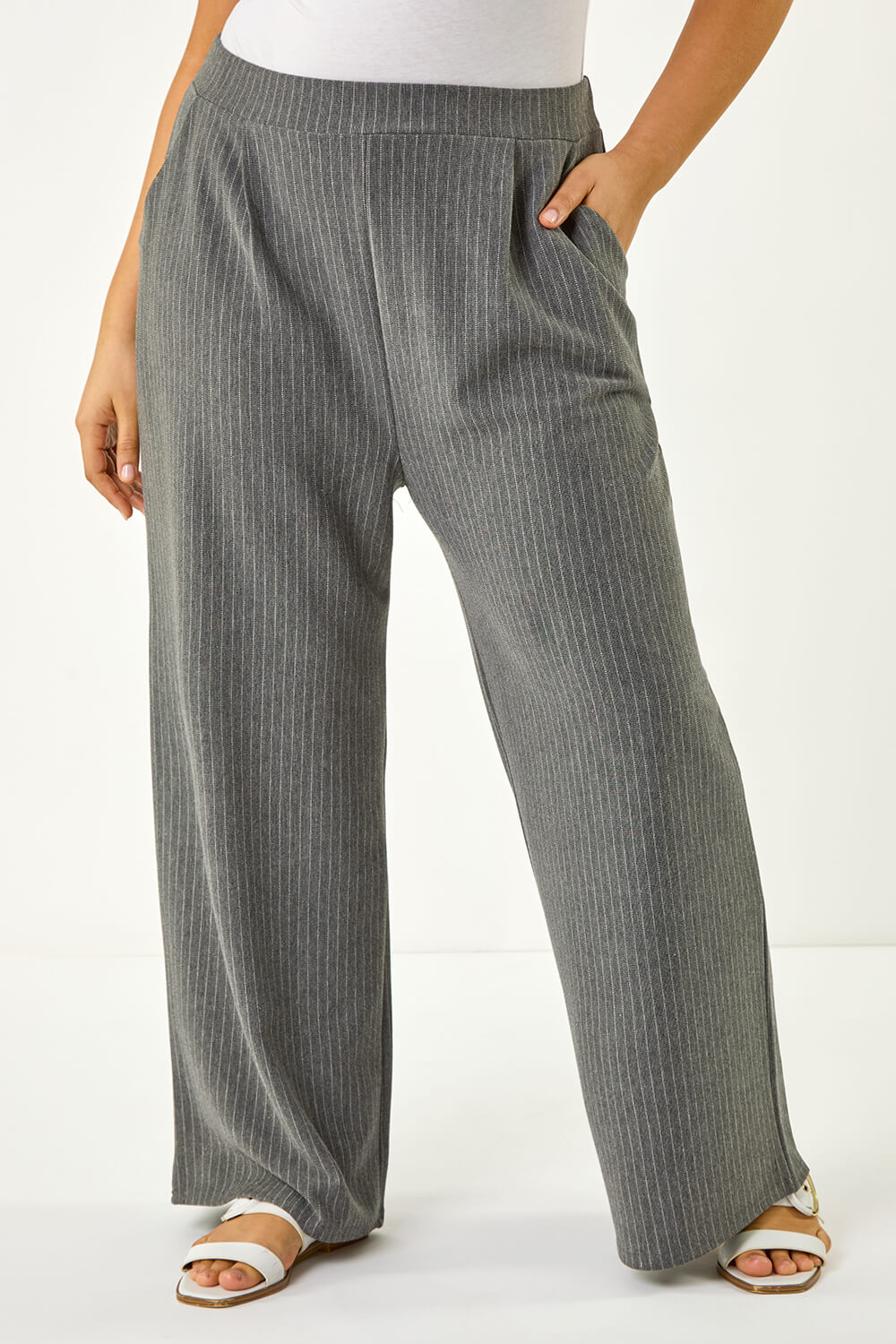 Dark Grey Curve Pinstripe Elastic Waist Trouser | Roman UK