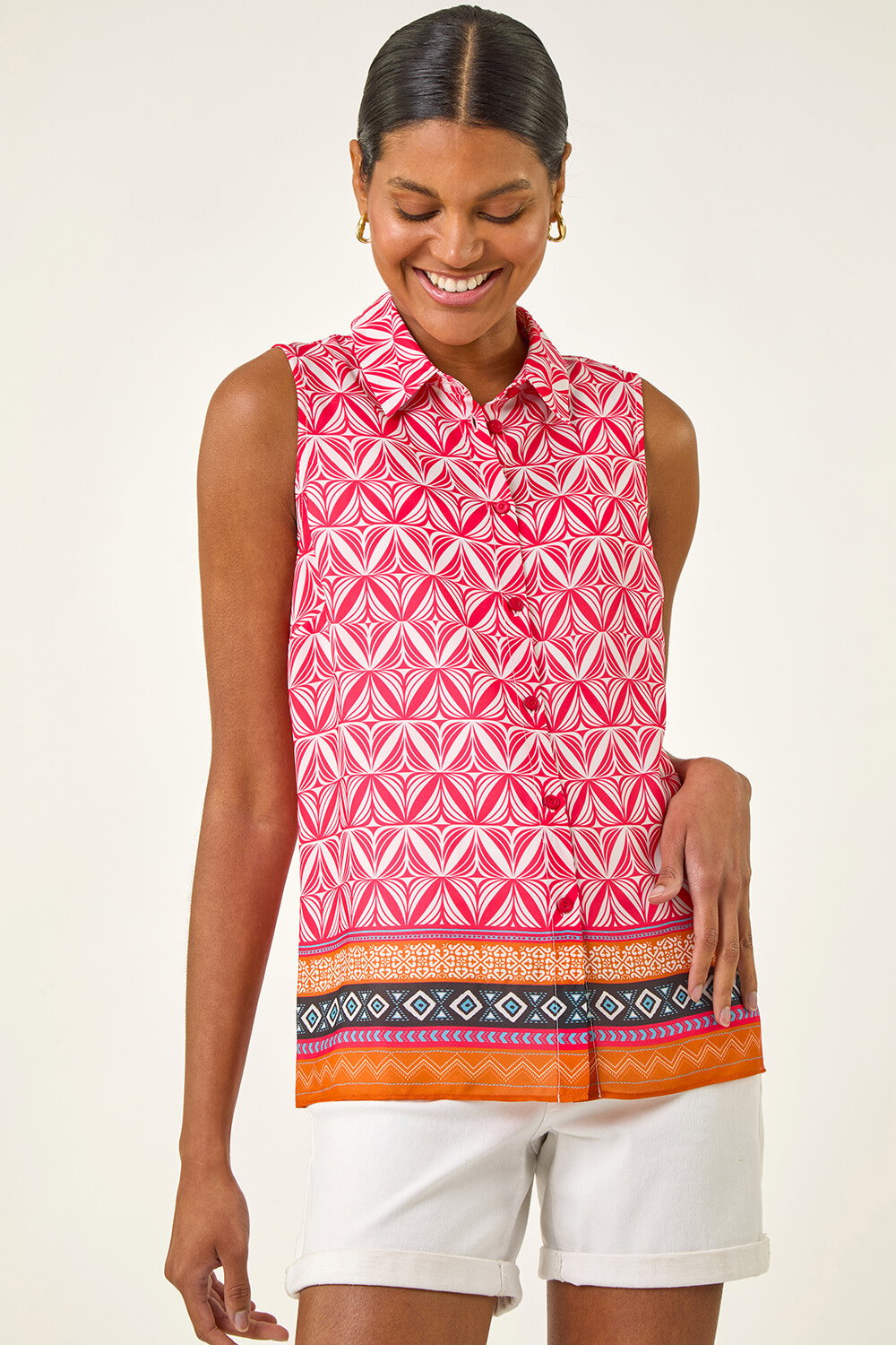 Red Geo Border Print Button Blouse | Roman UK