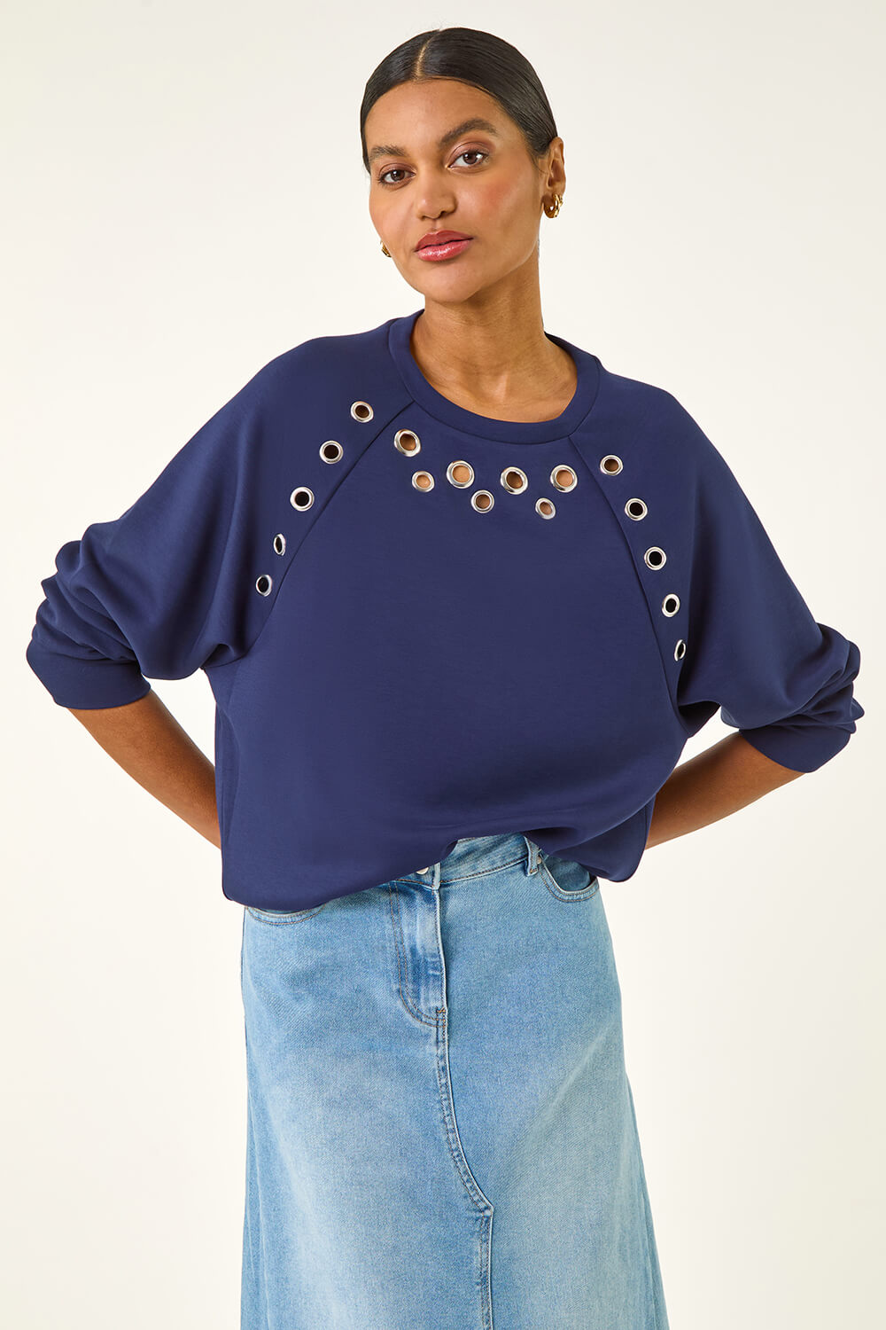 Navy Eyelet Detail Stretch Top | Roman UK
