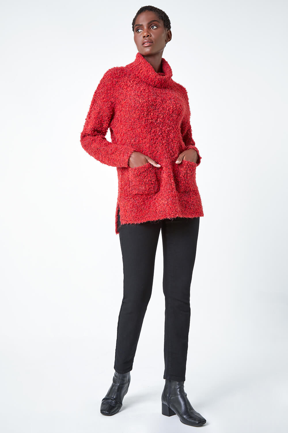 Red Textured Roll Neck Pocket Detail Jumper | Roman UK
