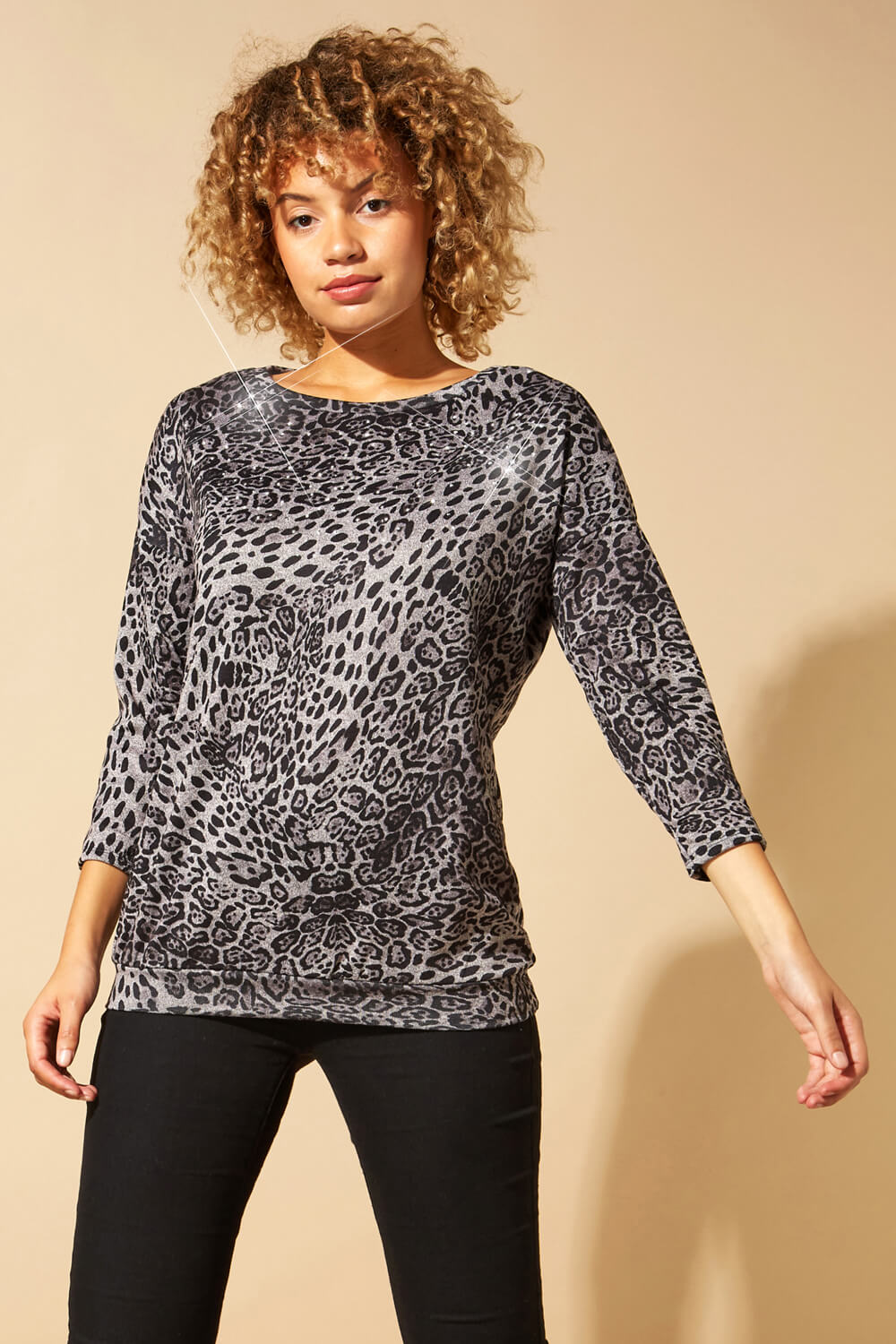 Animal Print Diamante Embellished Top in Grey - Roman Originals UK
