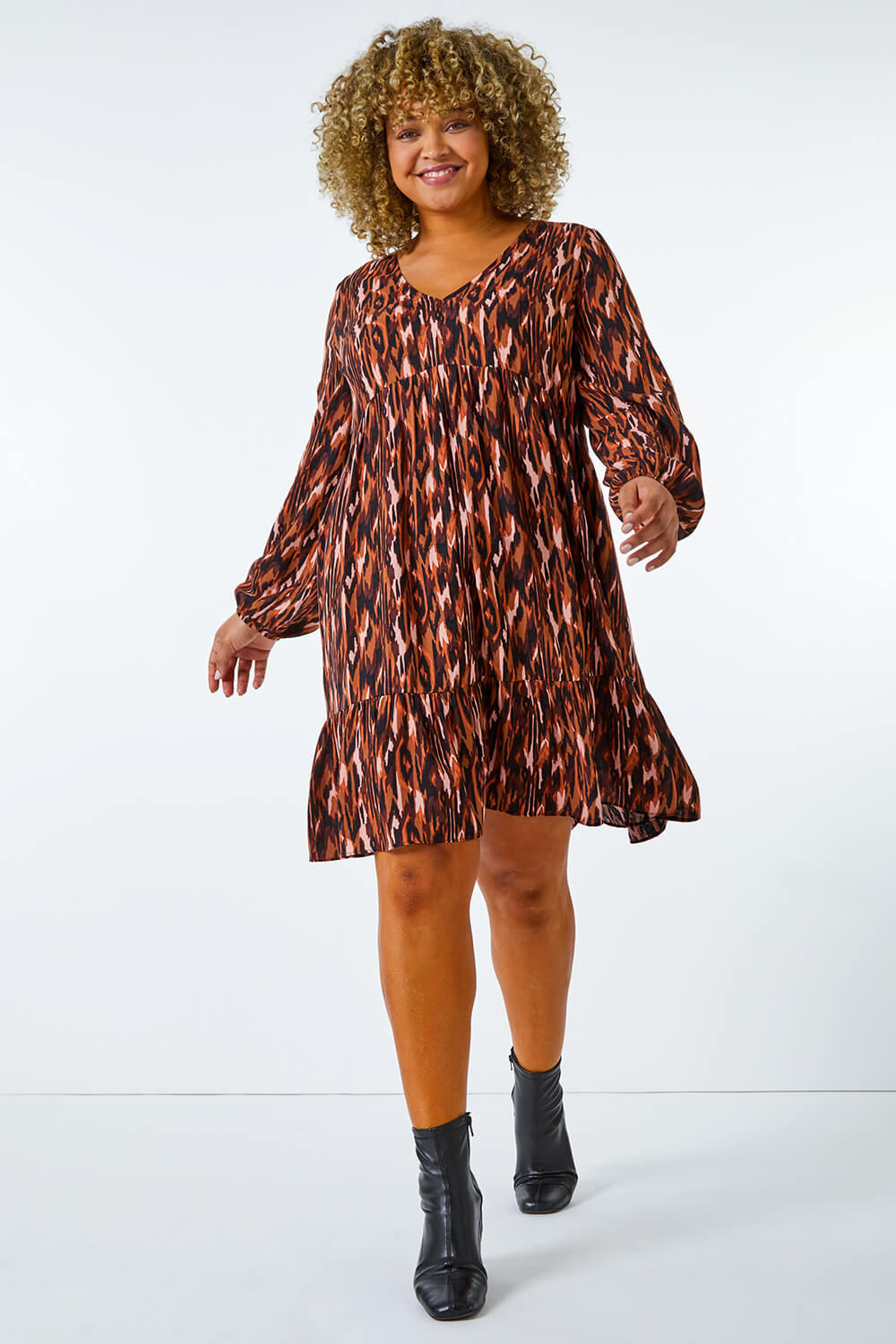 Curve Animal Tiered Tunic Dress in Rust - Roman Originals UK