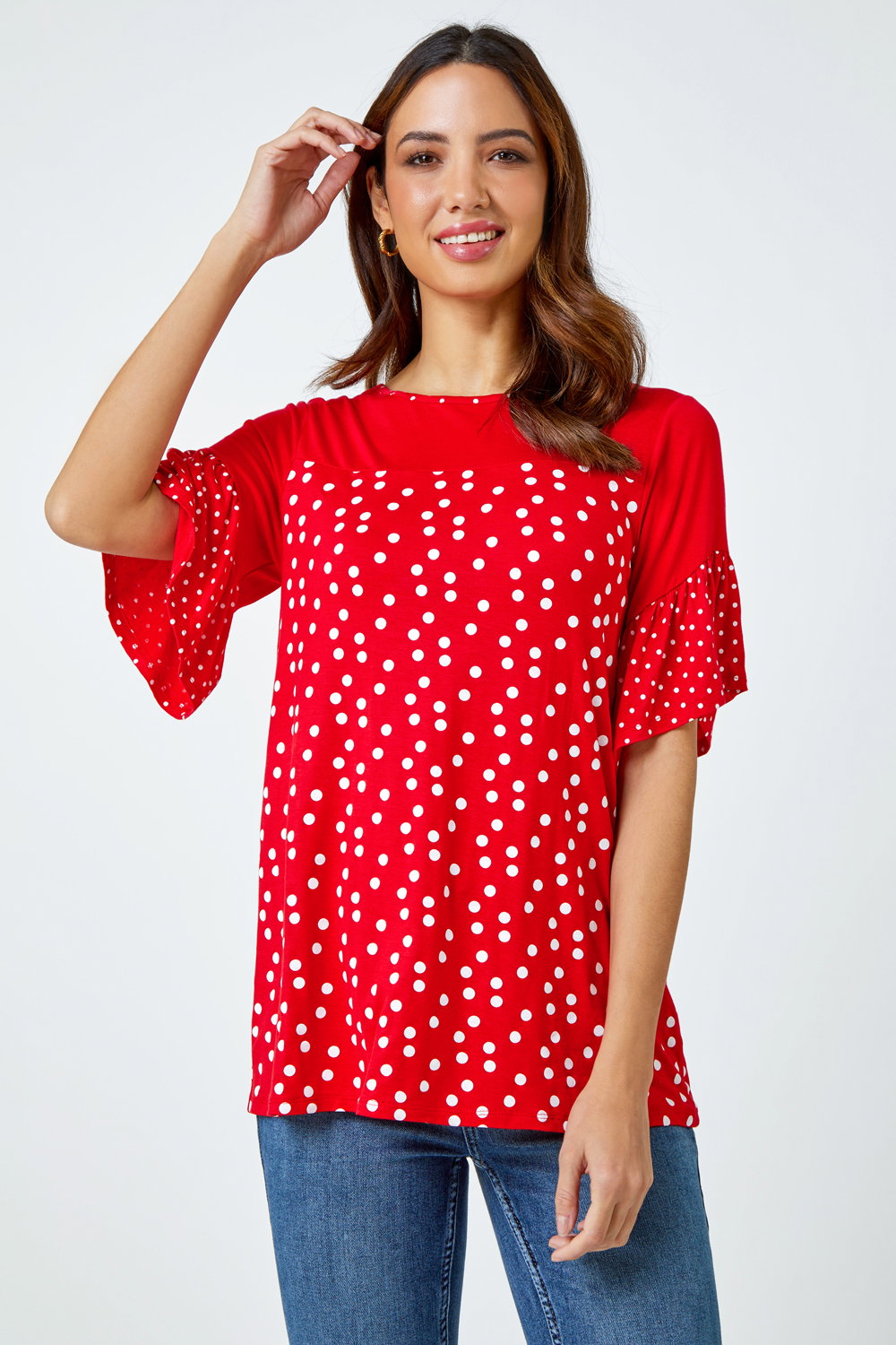 Red Spot Print Frill Sleeve Top | Roman UK