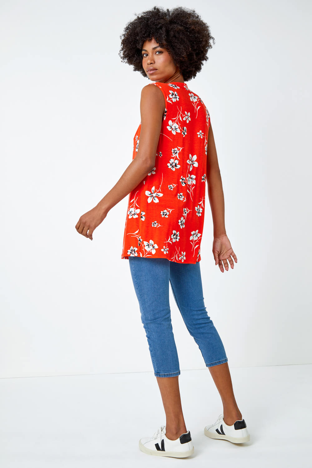 Sleeveless Floral Print Top in Red - Roman Originals UK