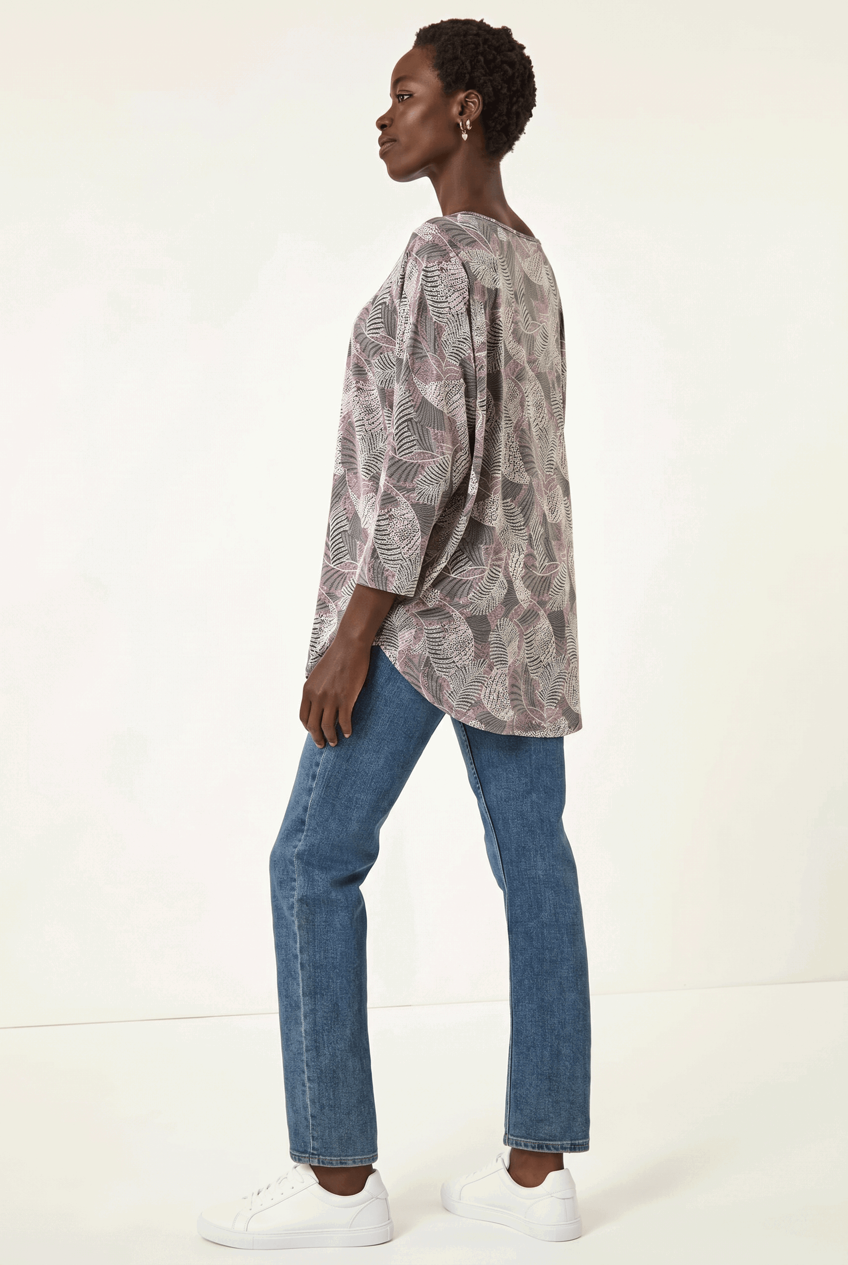 Grey Leaf Puff Print Stretch Top | Roman UK