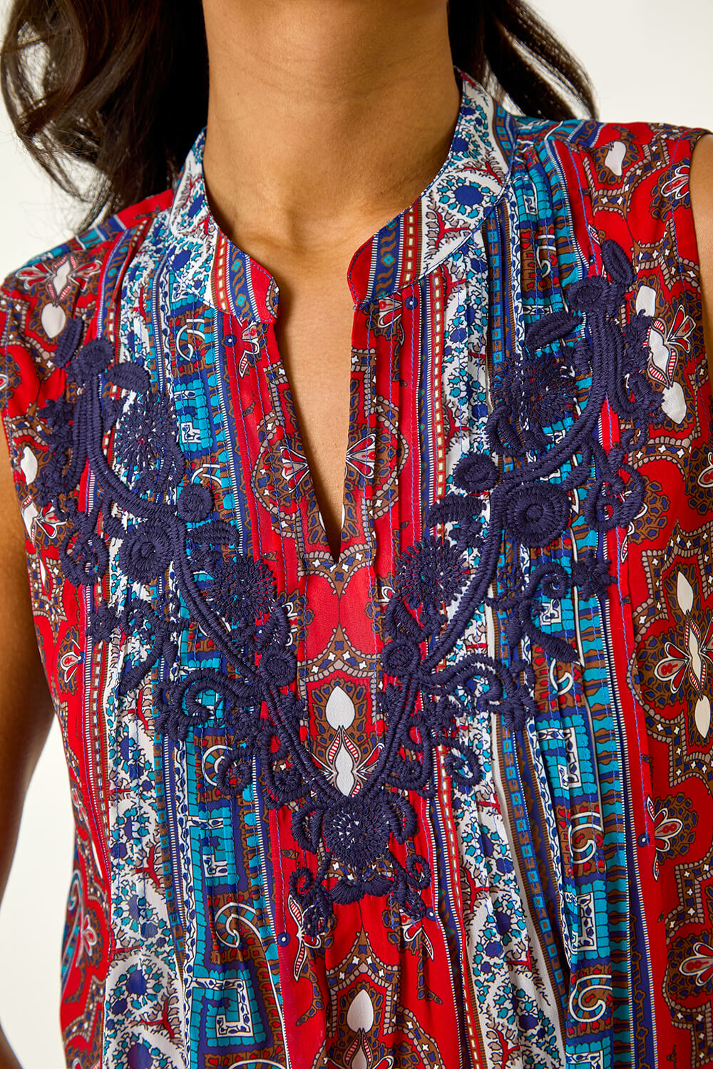 Red Embroidered Abstract Print V-Neck Top | Roman UK