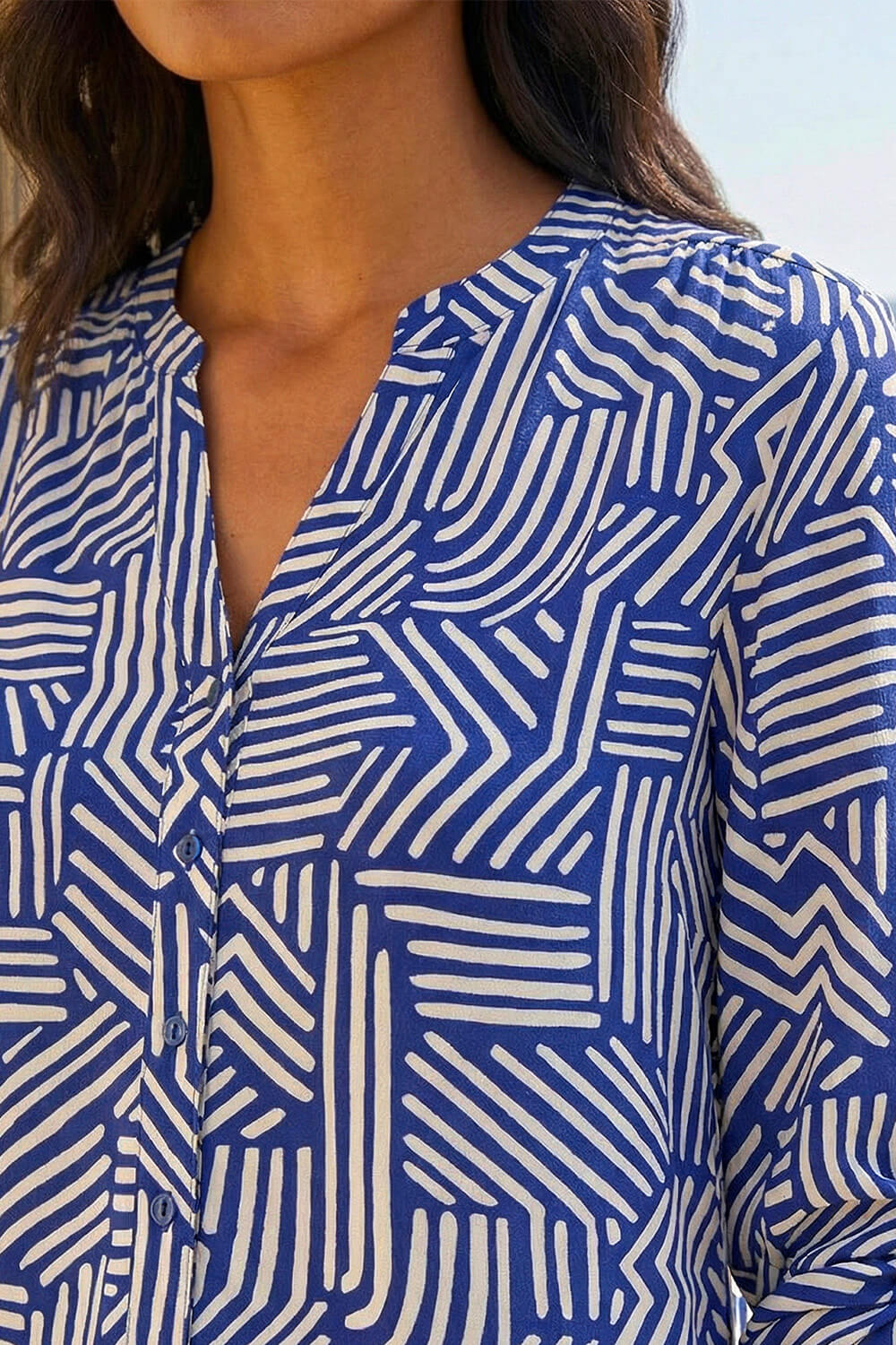 Navy Geo Mono Print Buttoned Blouse | Roman UK