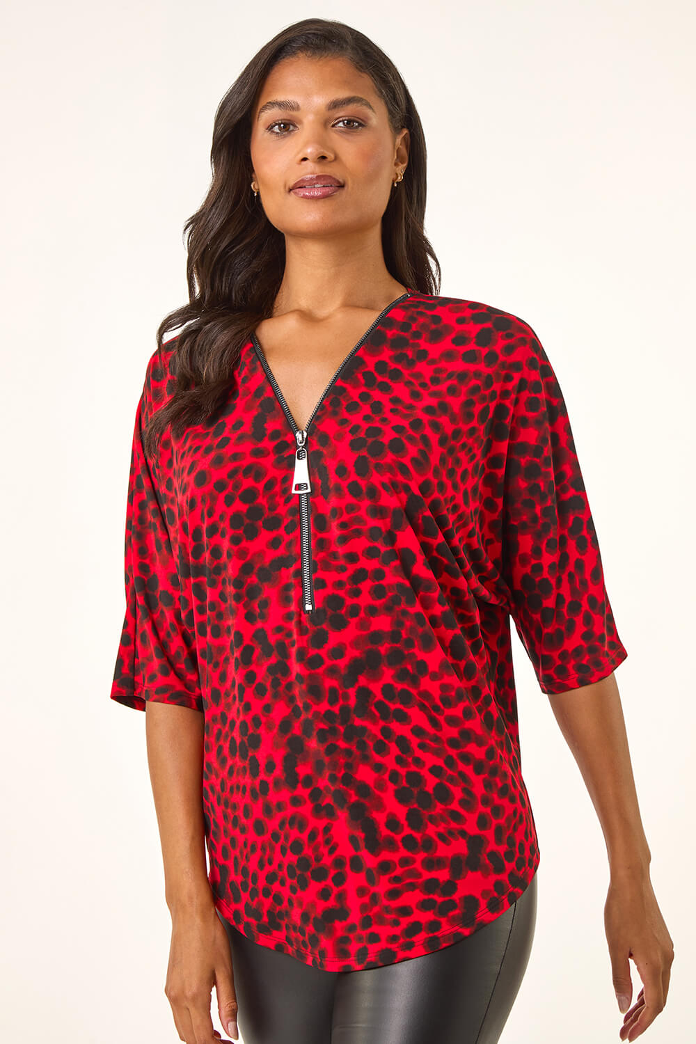 Red Animal Print Zip Front Stretch Top | Roman UK
