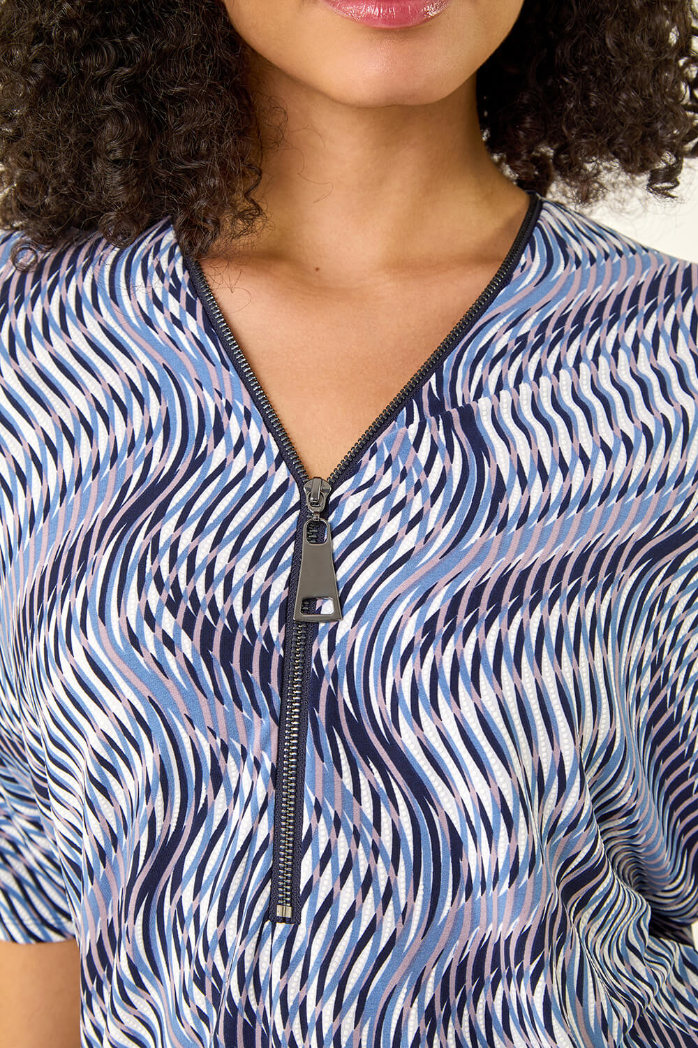 Blue Printed Zip Front Top | Roman UK