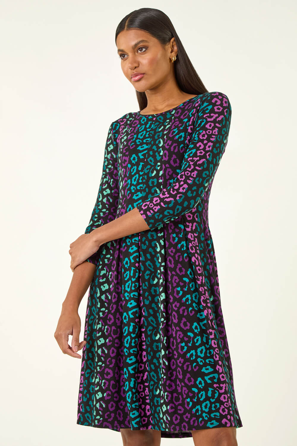 Teal Animal Print Panel Stretch Dress | Roman UK