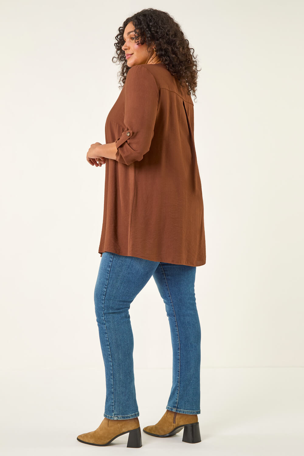 Chocolate Curve Textured Buttoned Tunic Top | Roman UK