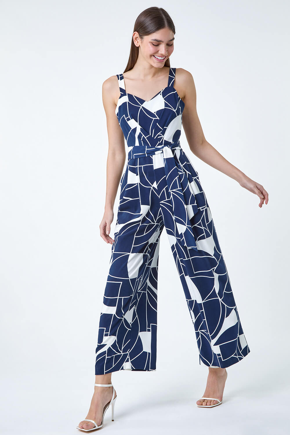 Navy Abstract Print Pocket Jumpsuit | Roman UK
