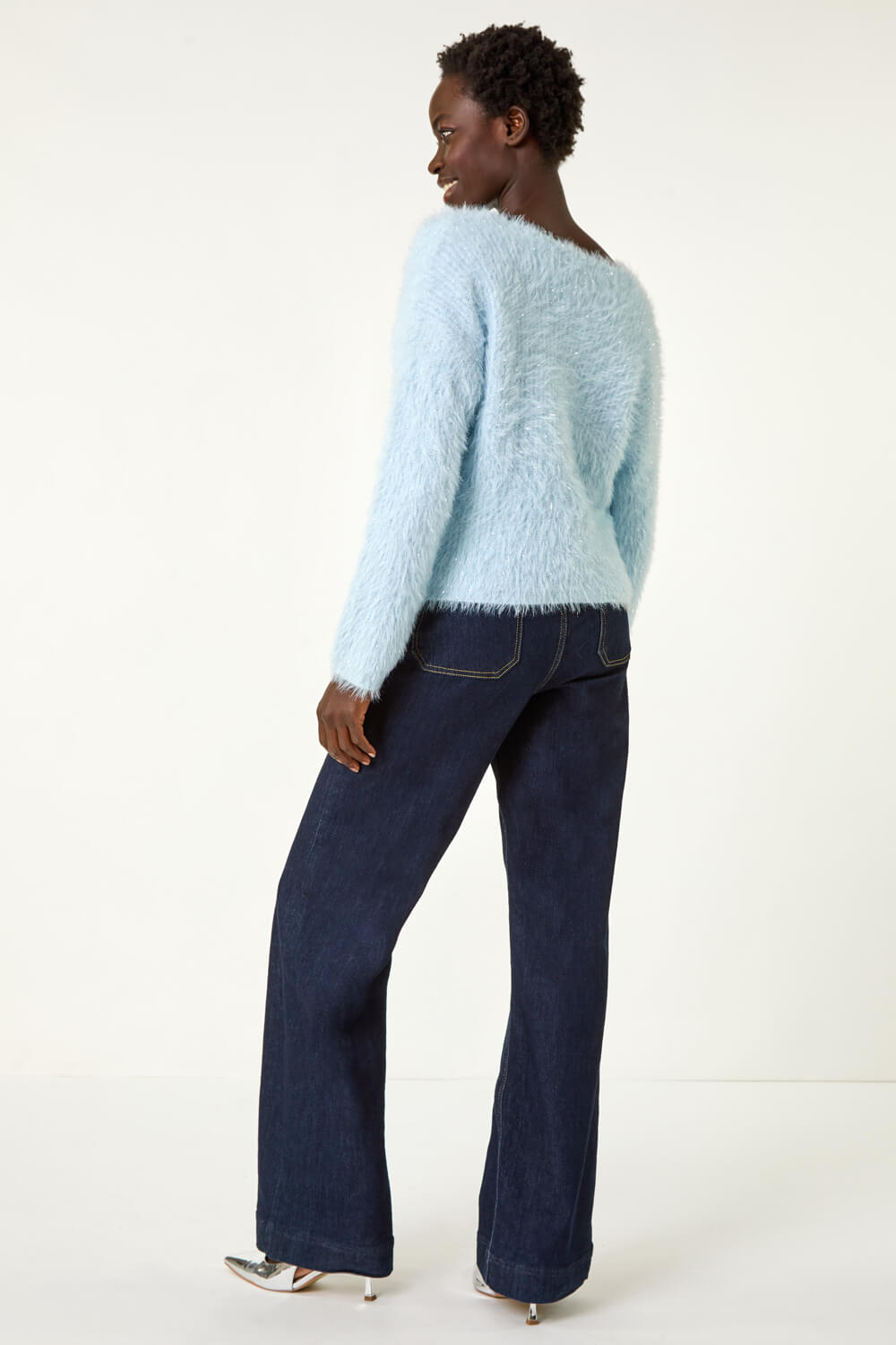 Light Blue V-Neck Fluffy Knit Jumper | Roman UK