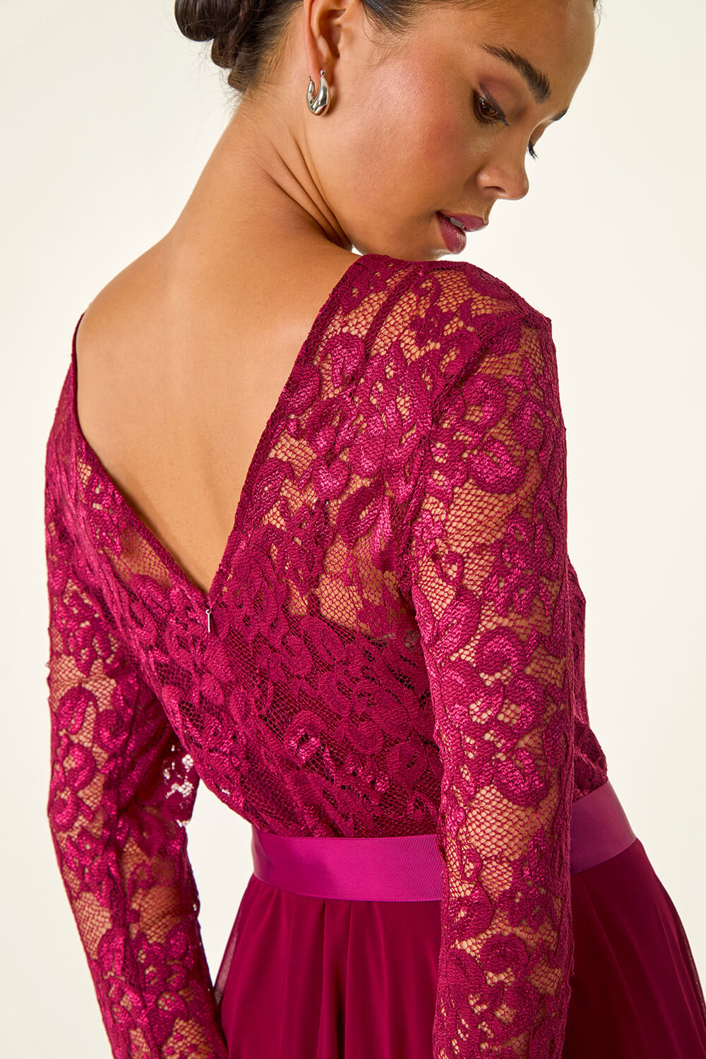 Wine Petite Lace Contrast Bodice Dress | Roman UK