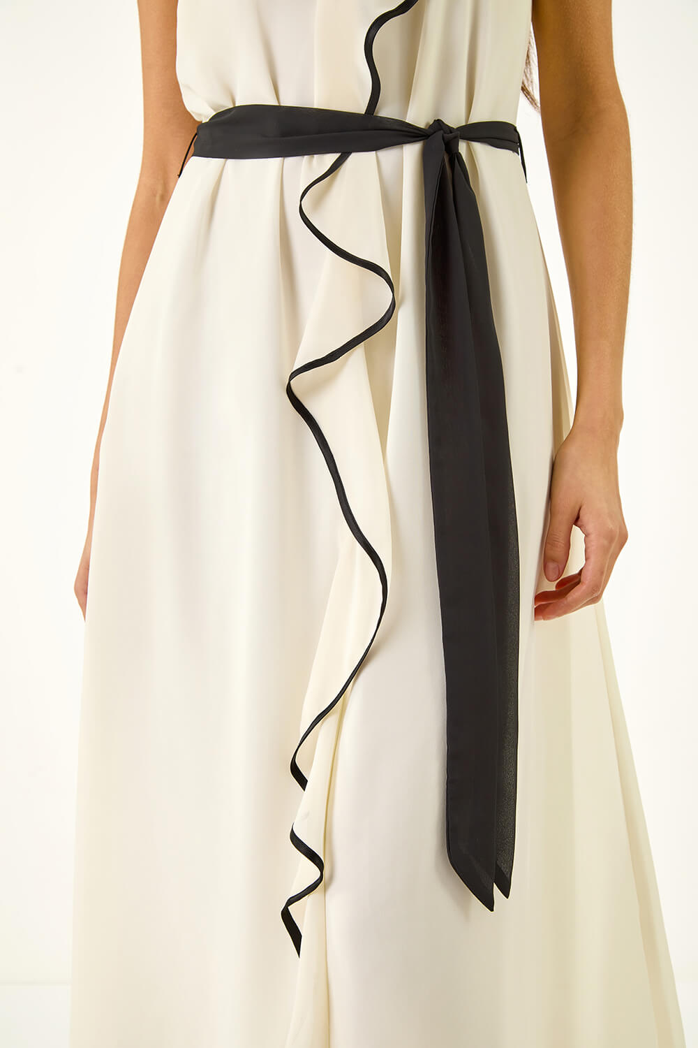 Ivory Frill Contrast Tipped Midi Dress | Roman UK