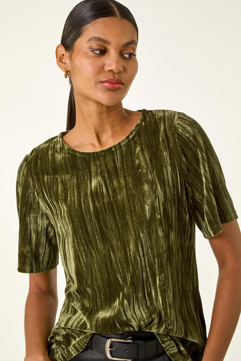 Green Pleated Velvet Stretch Top | Roman UK