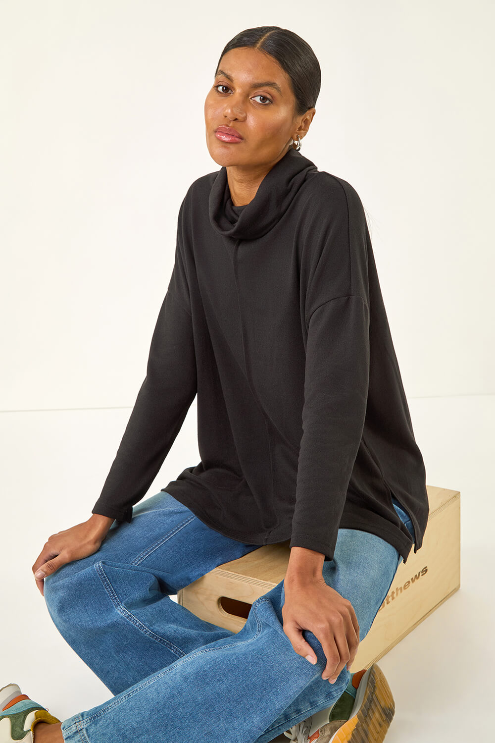 Black Cowl Neck Snit Top | Roman UK