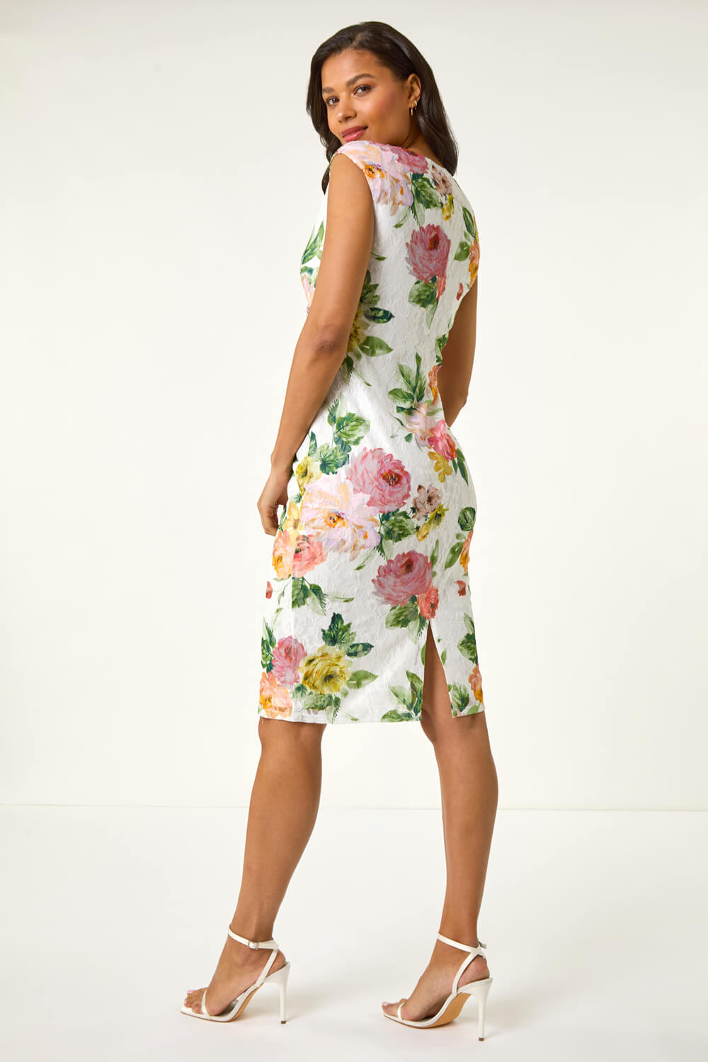 Peach Rose Print Lace Knot Stretch Dress | Roman UK