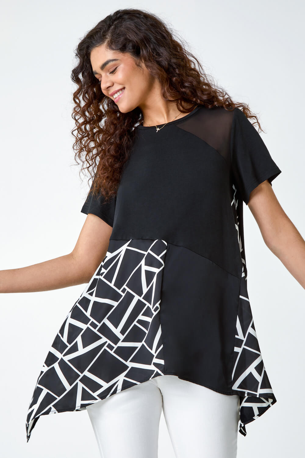 Black Abstract Print Panelled Stretch Top | Roman UK