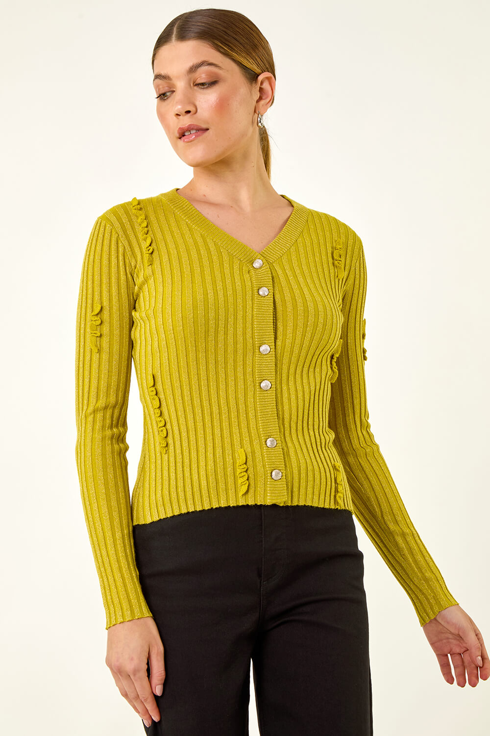 Lime Ruffle Buttoned Knit Top | Roman UK