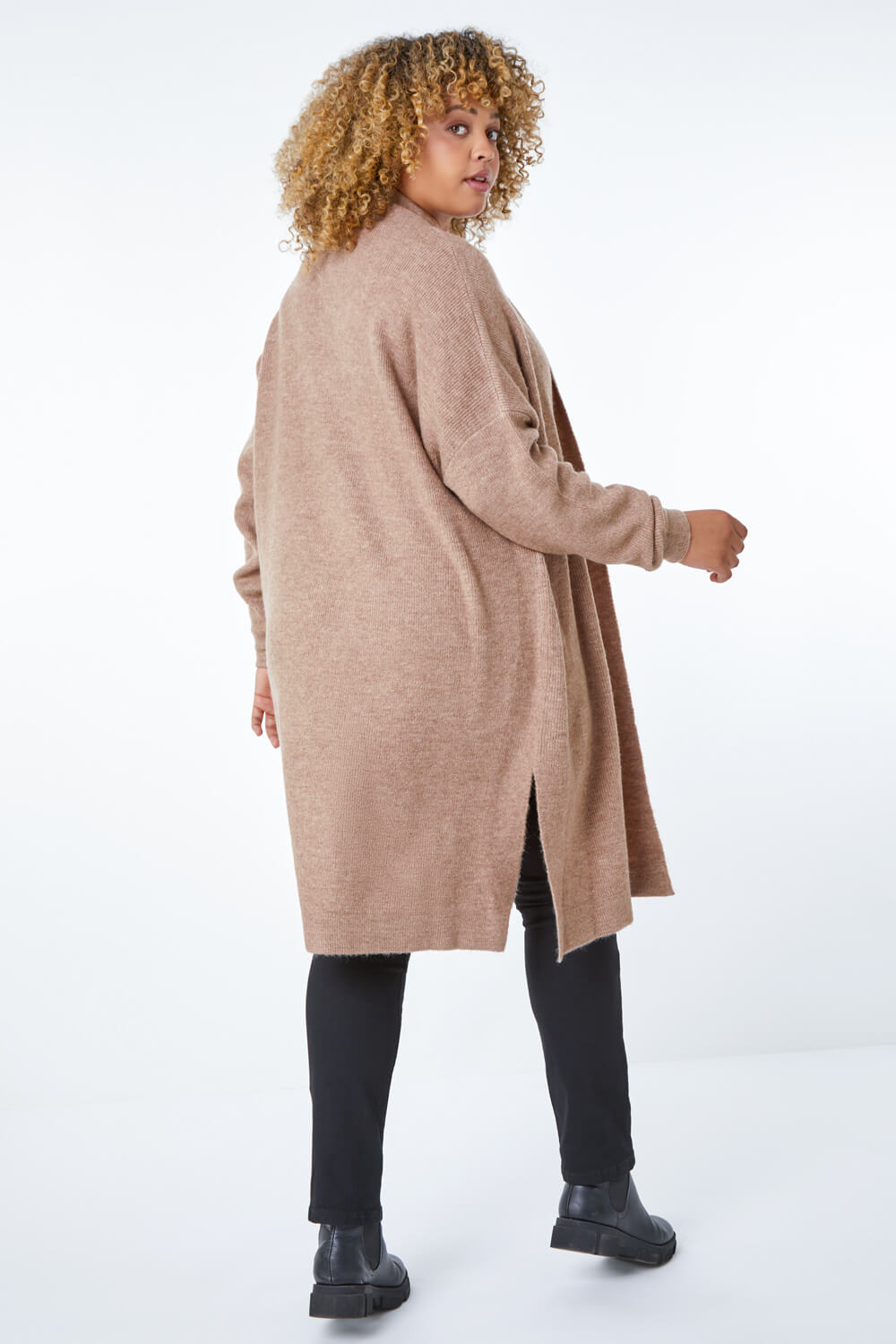 Curve Longline Collared Cardigan in Camel - Roman Originals UK