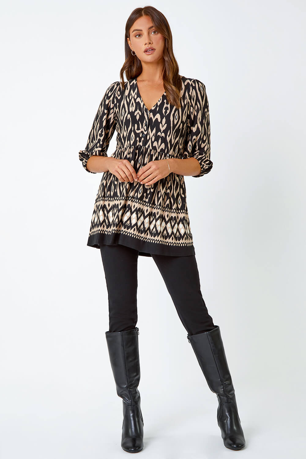 Black Aztec Print Tunic Smock Stretch Top | Roman UK