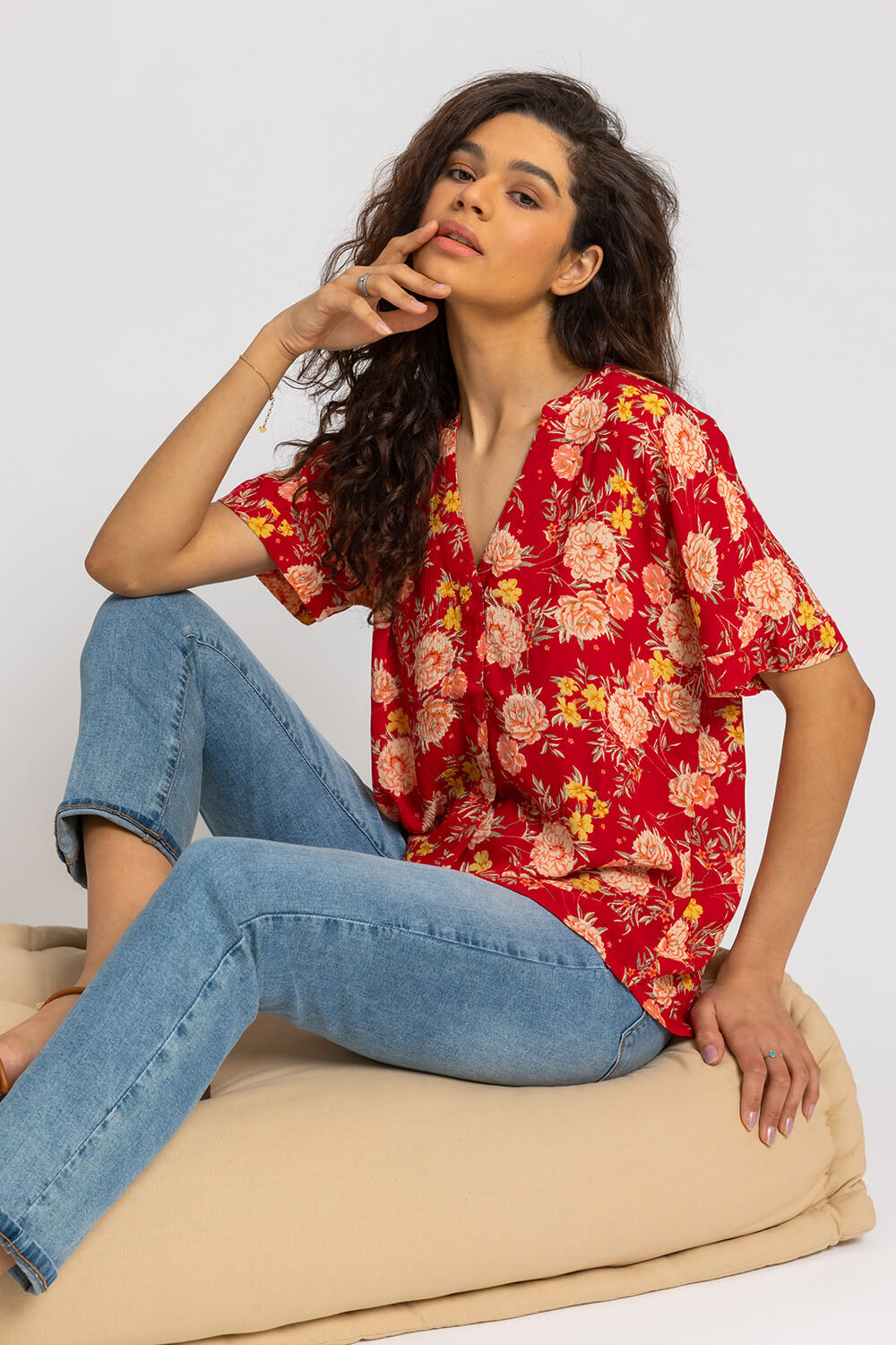 Floral Print Textured V-Neck Top in Red - Roman Originals UK