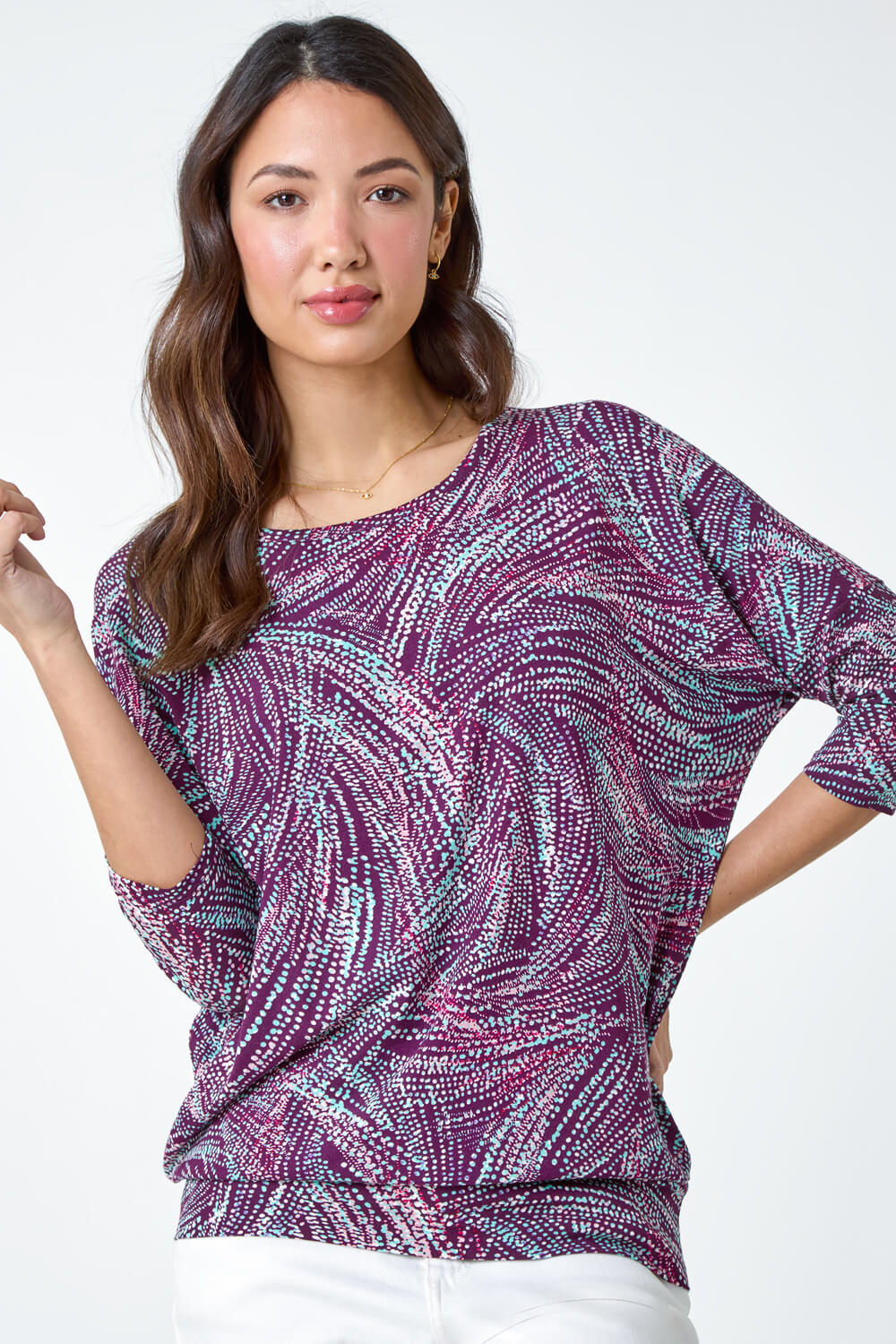 Purple Abstract Stretch Blouson Top | Roman UK