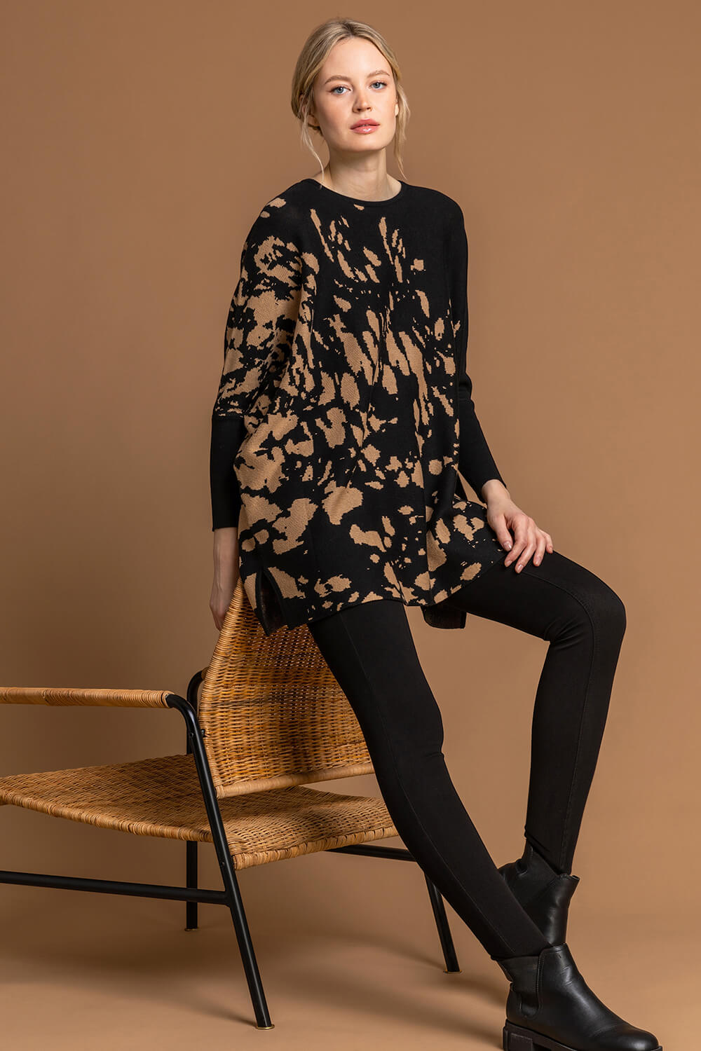 Relaxed Abstract Print Jumper in Taupe - Roman Originals UK