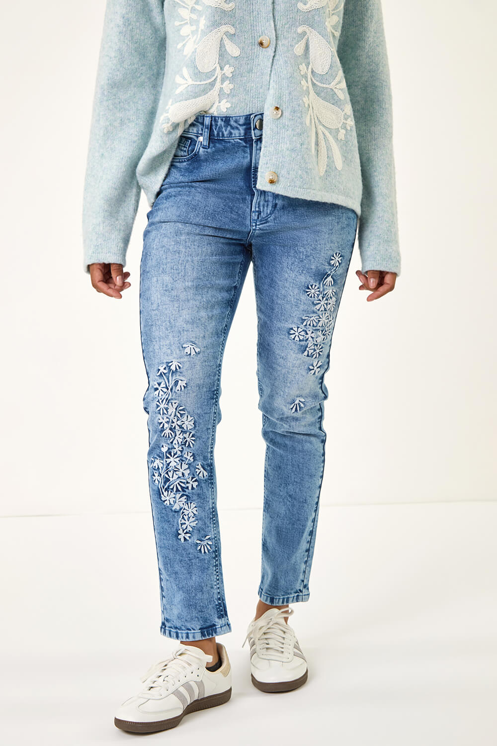 Denim Floral Embroidered Stretch Jeans | Roman UK