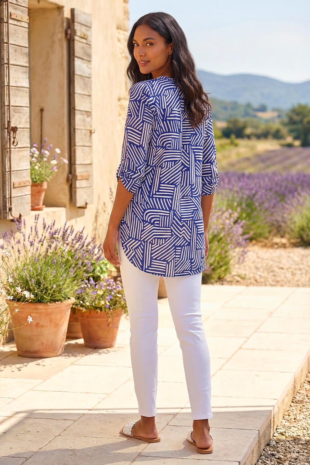 Navy Geo Mono Print Buttoned Blouse | Roman UK