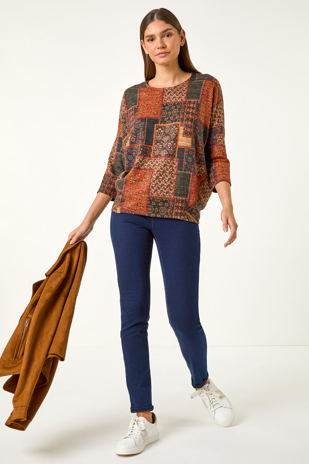 Orange Patchwork Print Stretch Top | Roman UK