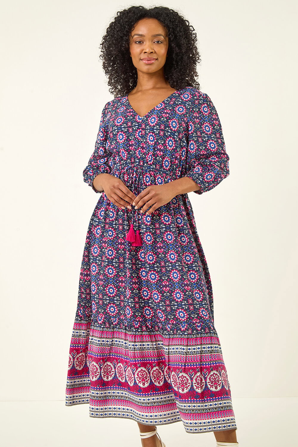 Navy Petite Aztec Border Print Midi Dress | Petite UK