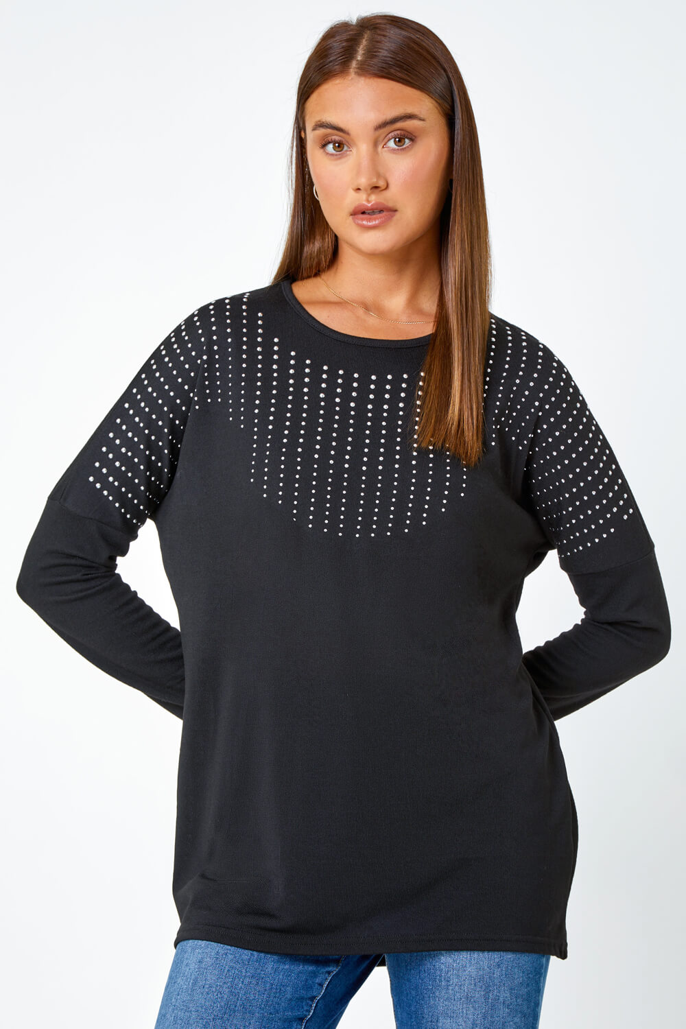 Black Embellished Stretch Top | Roman UK