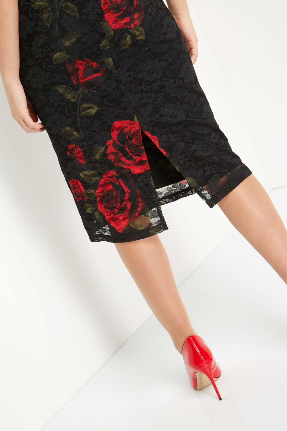 Rose Print Lace Dress in Red - Roman Originals UK