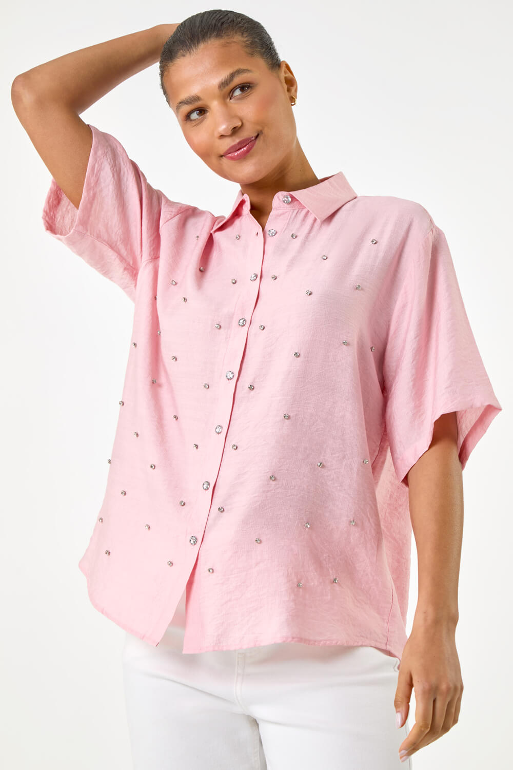 Light Pink Rhinestone Button Detail Collar Blouse | Roman UK