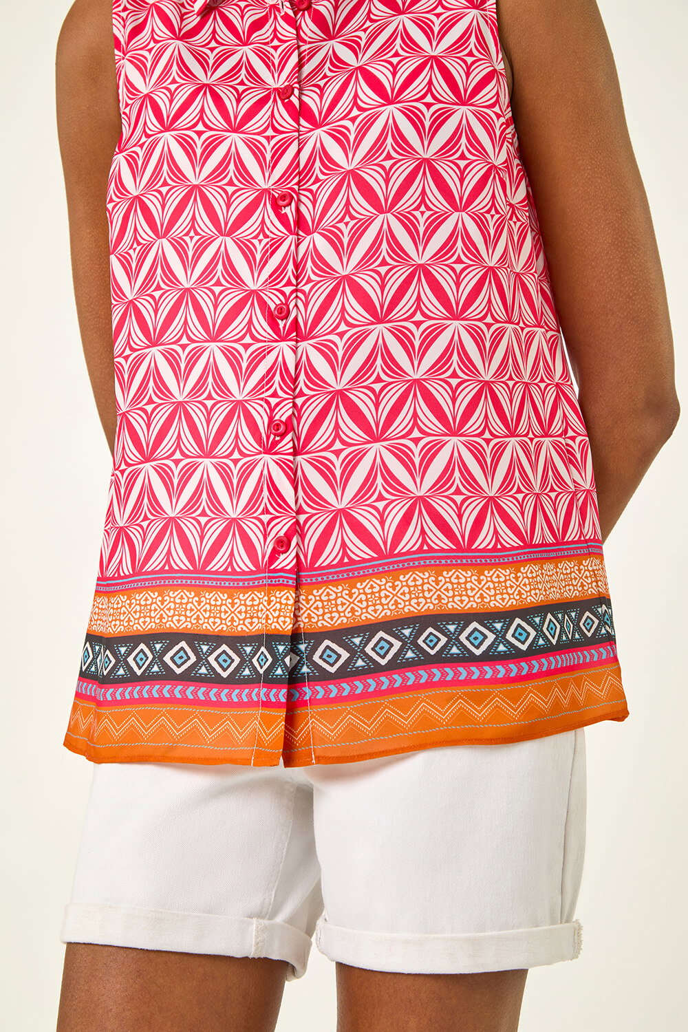 Red Geo Border Print Button Blouse | Roman UK