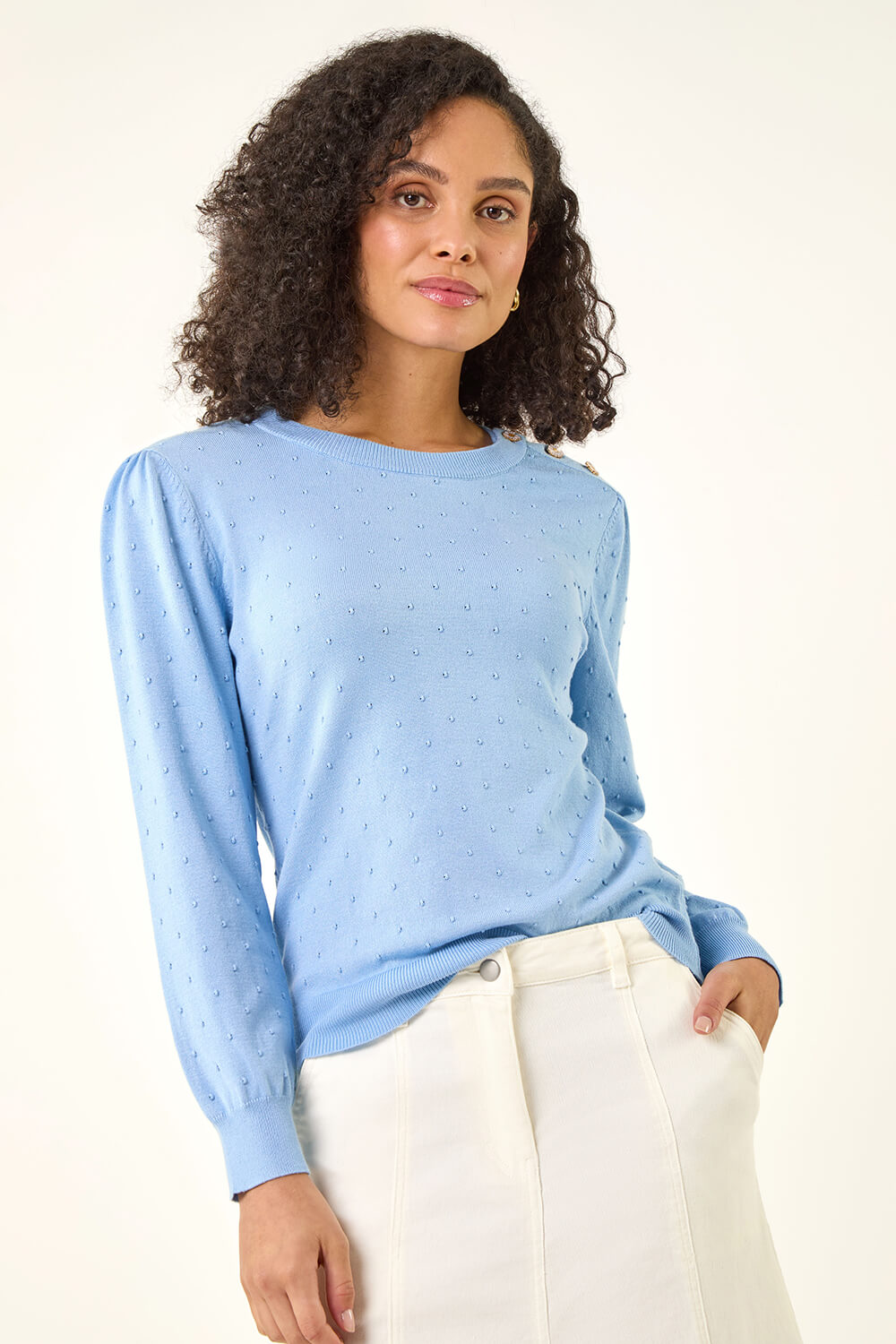 Light Blue Bobble Detail Knit Jumper | Roman UK