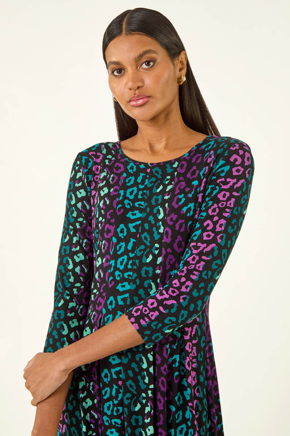 Teal Animal Print Panel Stretch Dress | Roman UK
