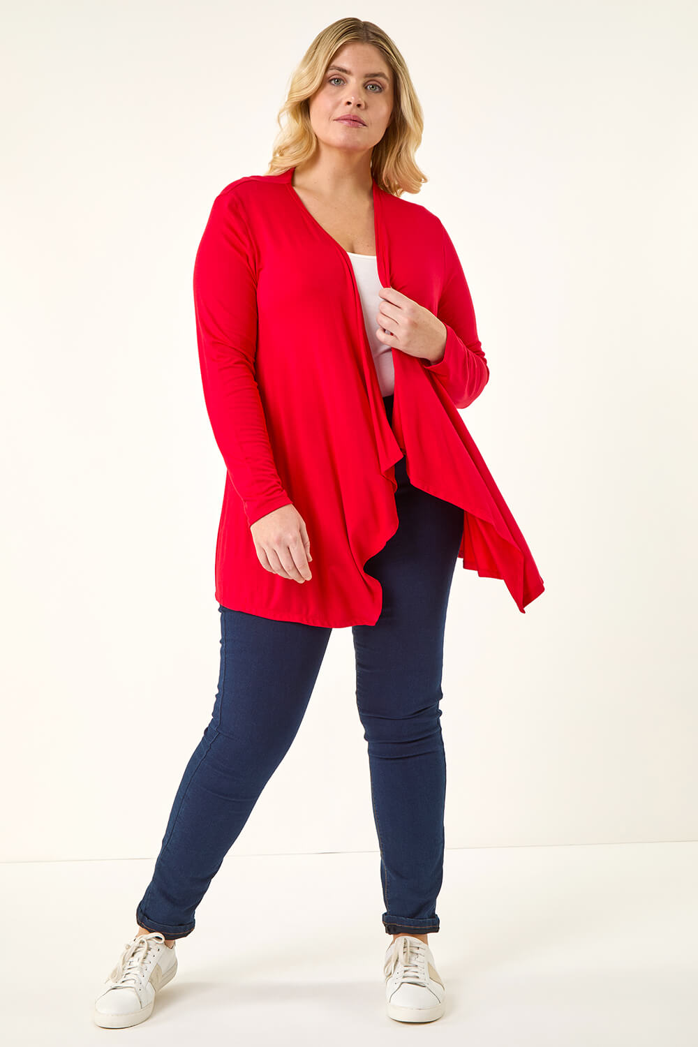 Red Curve Waterfall Longline Cardigan | Roman UK