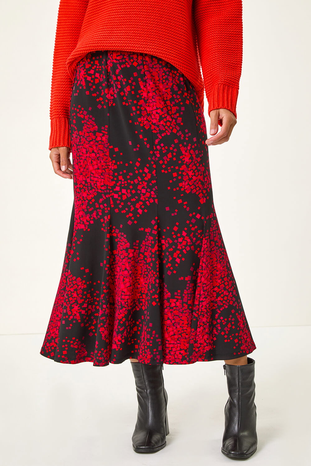 Red Abstract Print Asymmetric Stretch Skirt | Roman UK