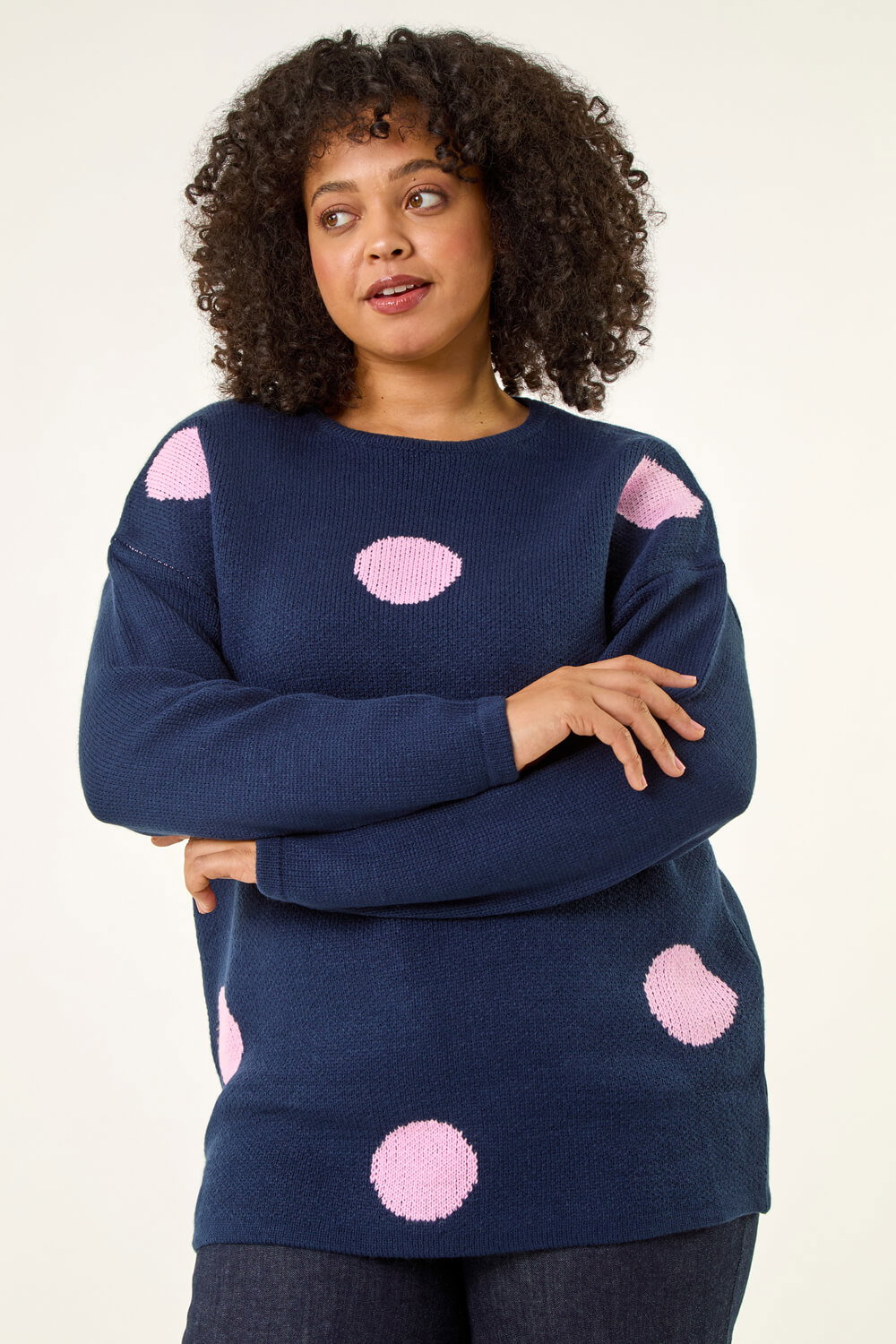 Navy Curve Large Spot Knit Jumper | Roman UK